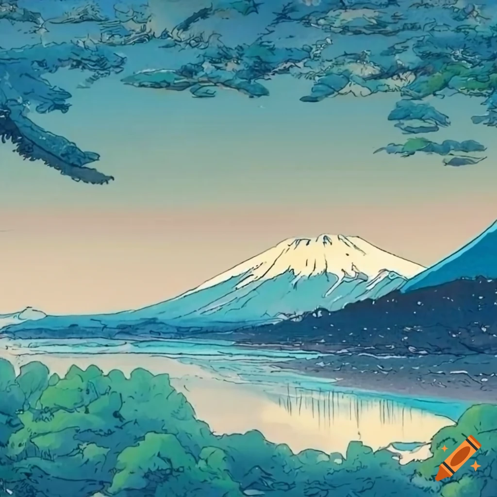 Mount fuji landscape with water in the style of studio ghibli on Craiyon