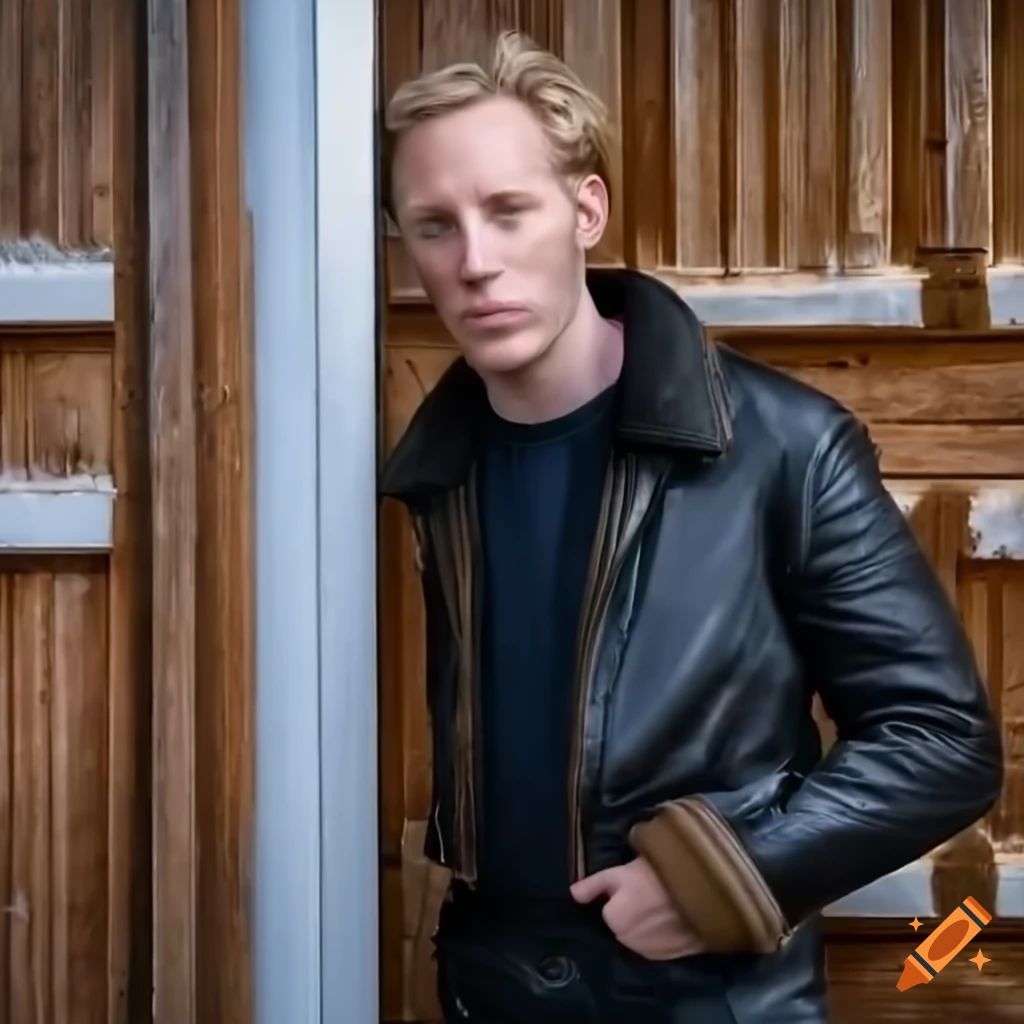 Young blonde actor in sheepskin bomber jacket and leather trousers on ...
