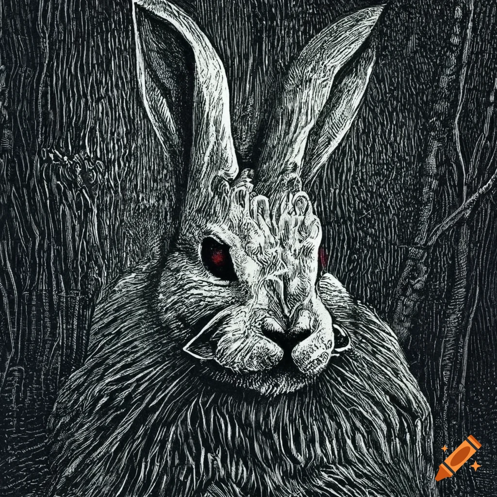 Eerie sinister rabbit-like creature lurking in dark forest on Craiyon