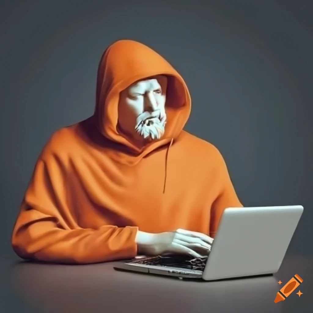 Statue of philosopher socrates using a laptop at a desk wearing an ...