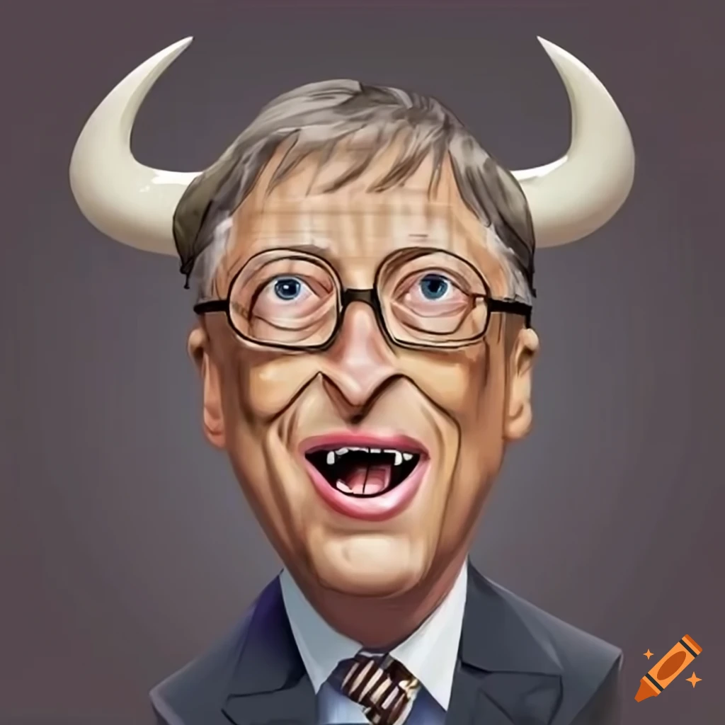 Cartoon of bill gates with bull horns and open mouth on Craiyon