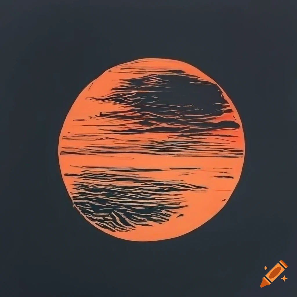 Non-realistic sunset lino print with surreal abstract atmosphere inspired by dune on Craiyon
