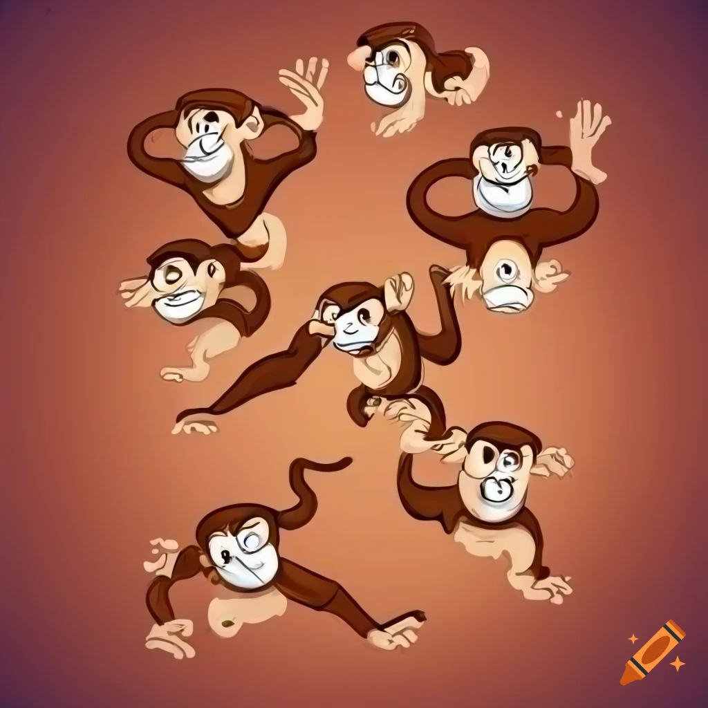 Cartoon group of monkeys with angry expressions jumping around on Craiyon
