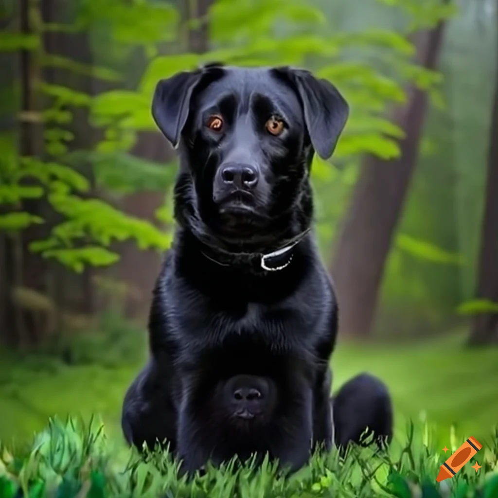 Captivating black Labrador Retriever in a lush forest setting on Craiyon