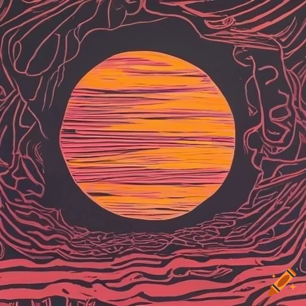 Non-realistic sunset lino print with surreal abstract atmosphere inspired by dune on Craiyon