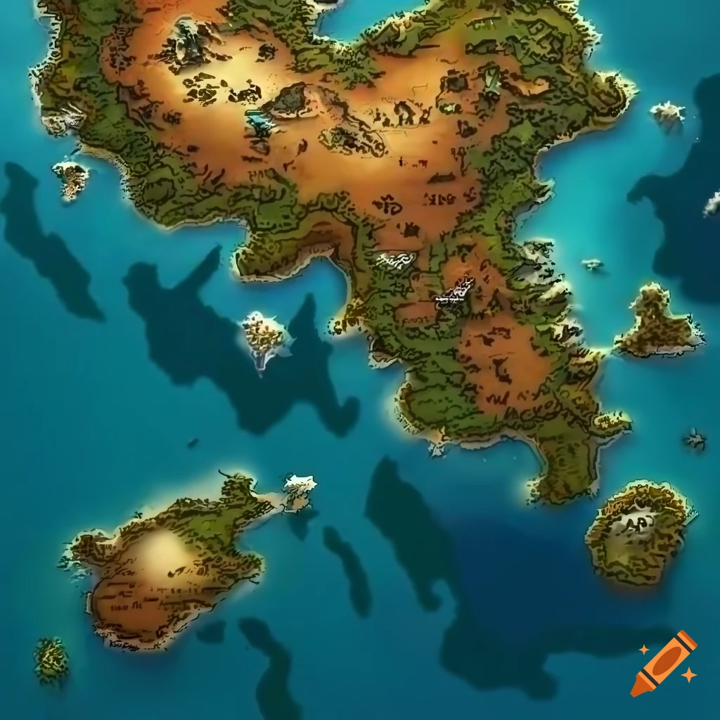 Detailed fantasy world map with lakes, mountains, and continents on Craiyon