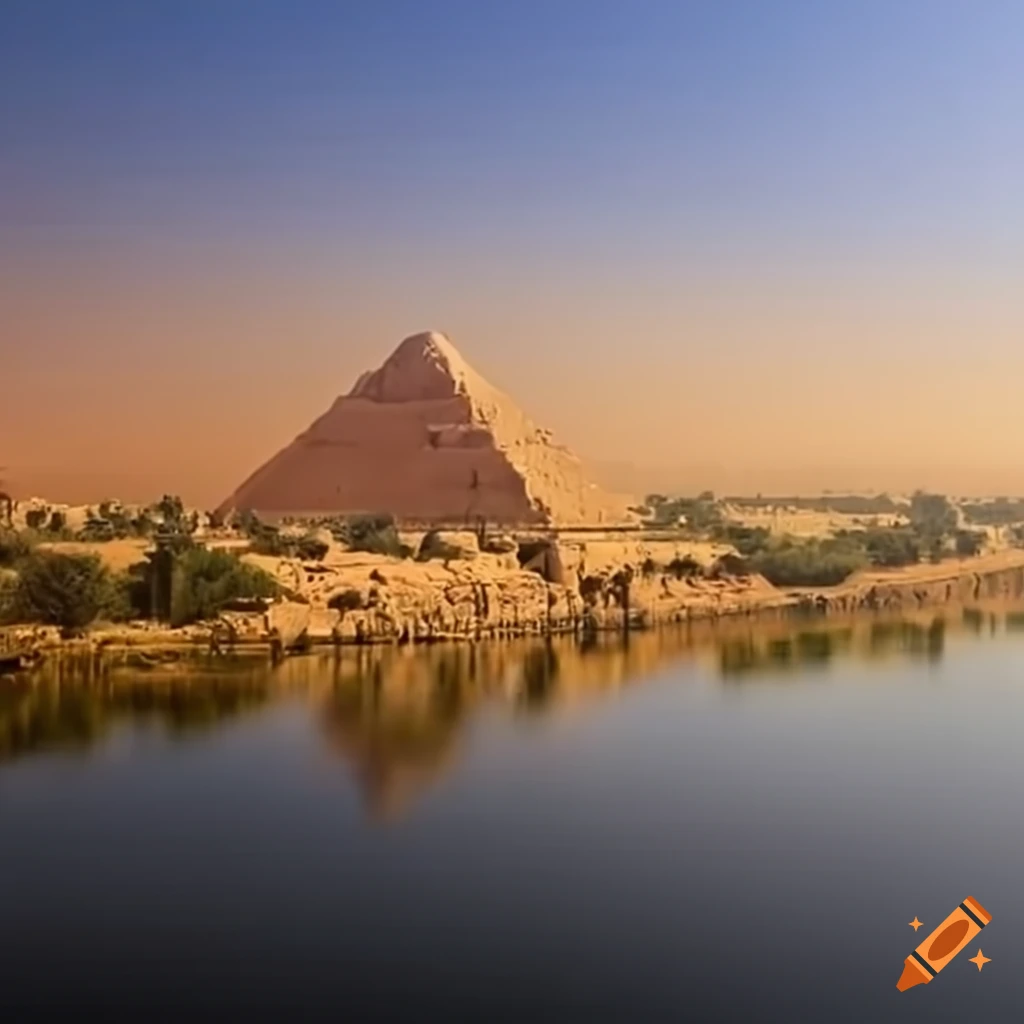 Ancient Egypt with the river Nile flowing through the landscape on Craiyon