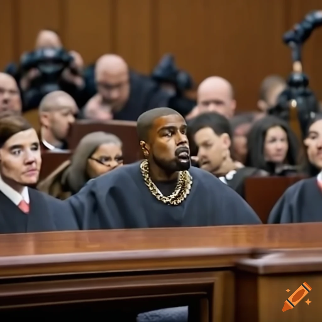 Kanye West testifying in front of judges in a courtroom on Craiyon