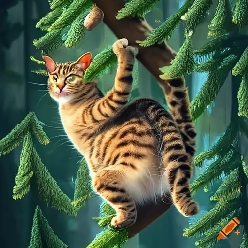 Cats hanging from an evergreen tree by their tails on Craiyon