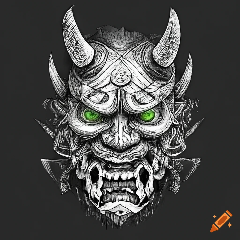 Oni mask in blackwork style with green eyes on Craiyon