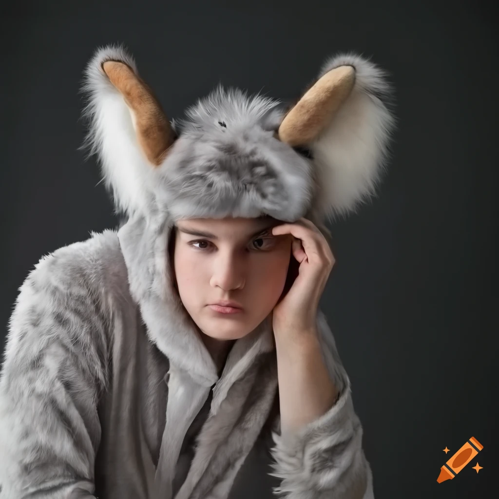 Young adult male in gray furry animal costume with headdress and tail ...