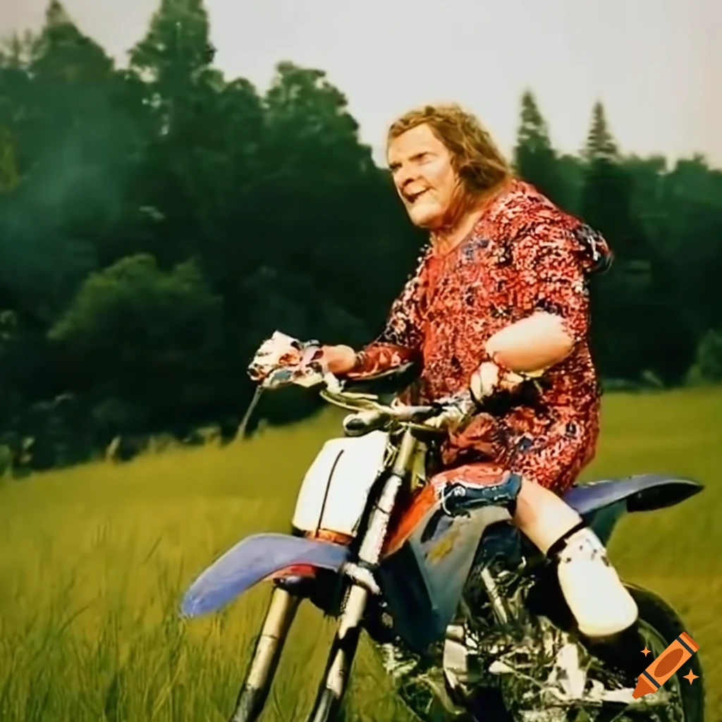 Singer meatloaf on a dirt bike riding through a meadow on Craiyon