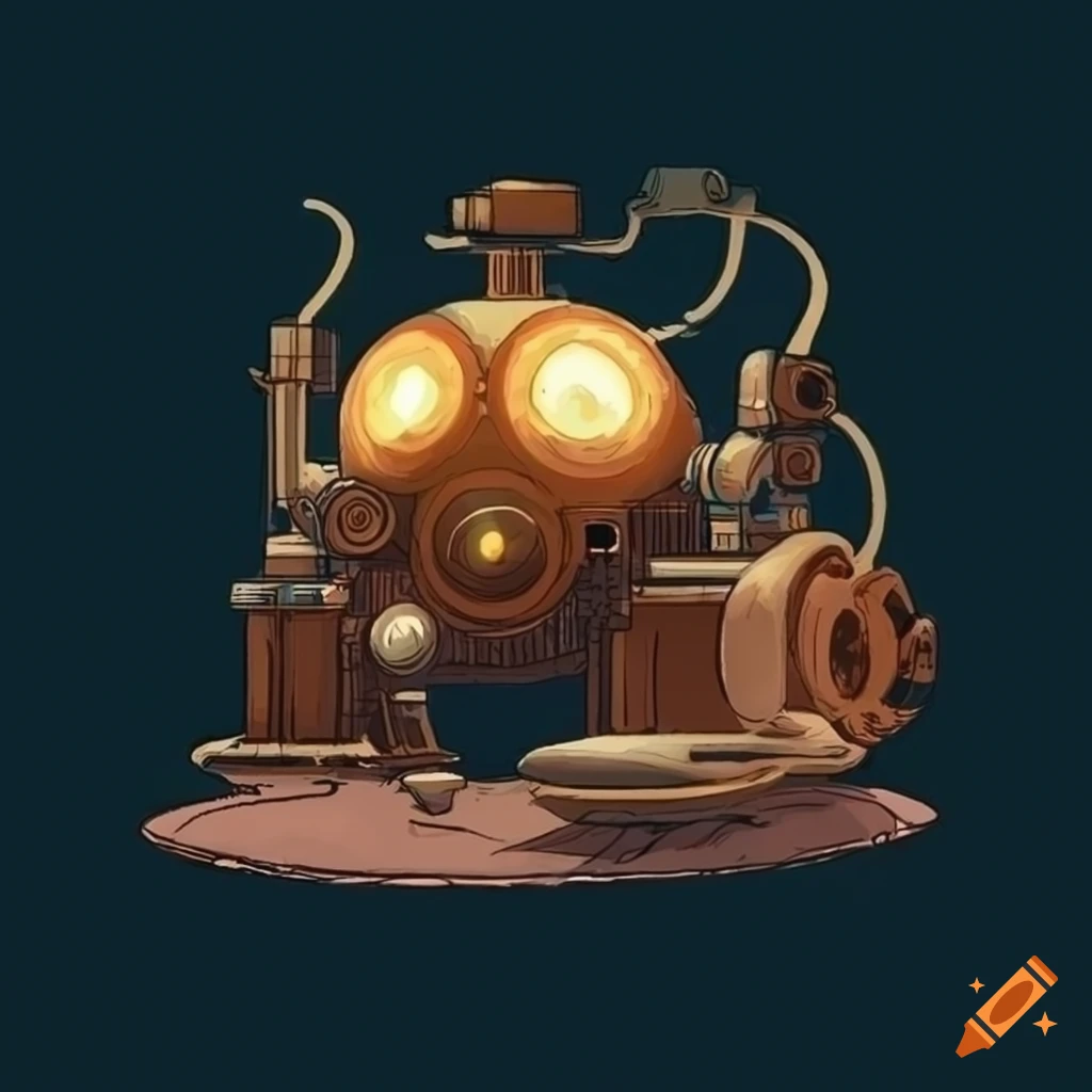 Minimalist steampunk artwork of a hovering machine on Craiyon