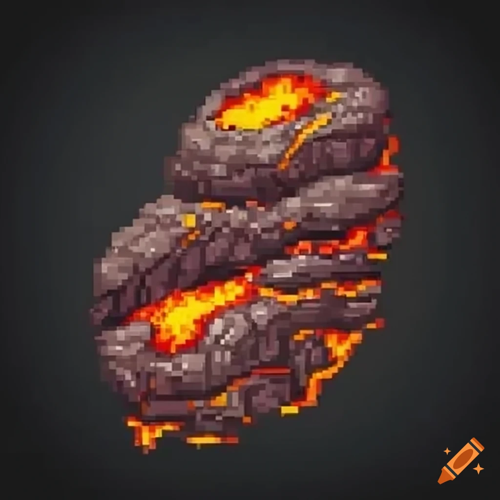 Pixel art of a volcanic stone covered in lava on Craiyon