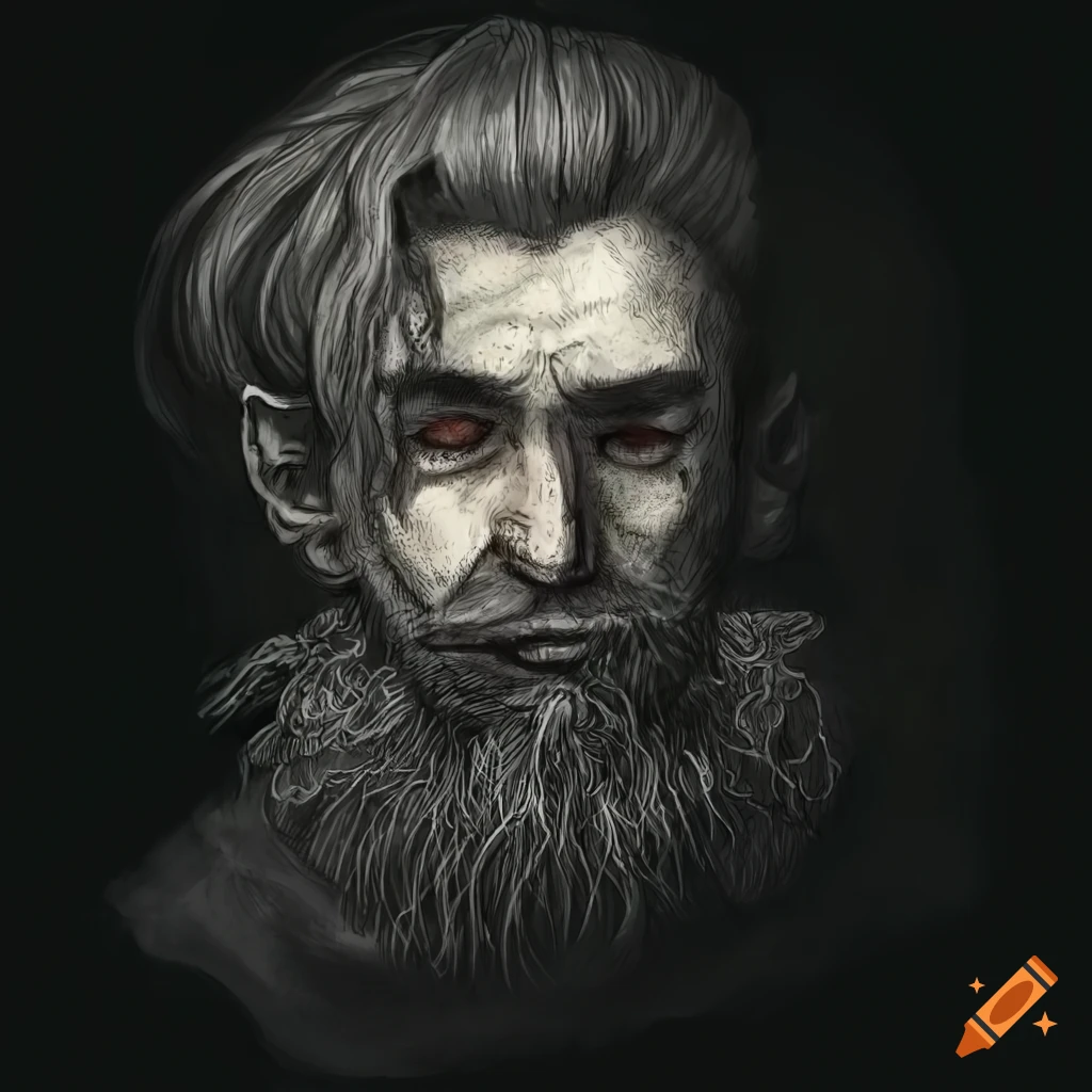 Young man with dark full beard and fungi growing on his neck in a dnd ...