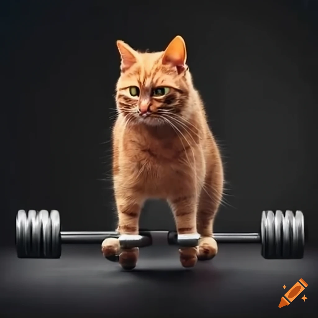 Orange cat lifting weights in a gym on Craiyon