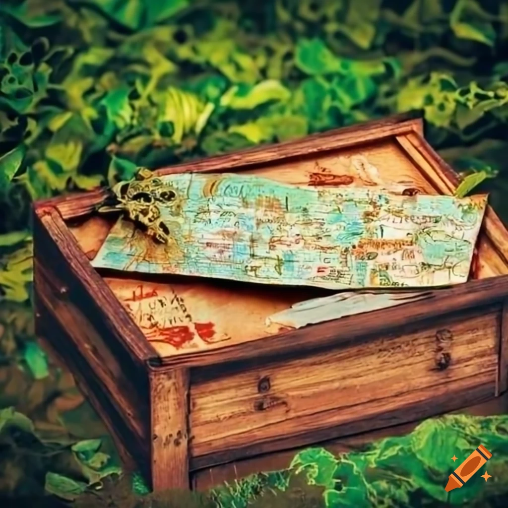 Treasure map in an old wooden box in the garden on Craiyon