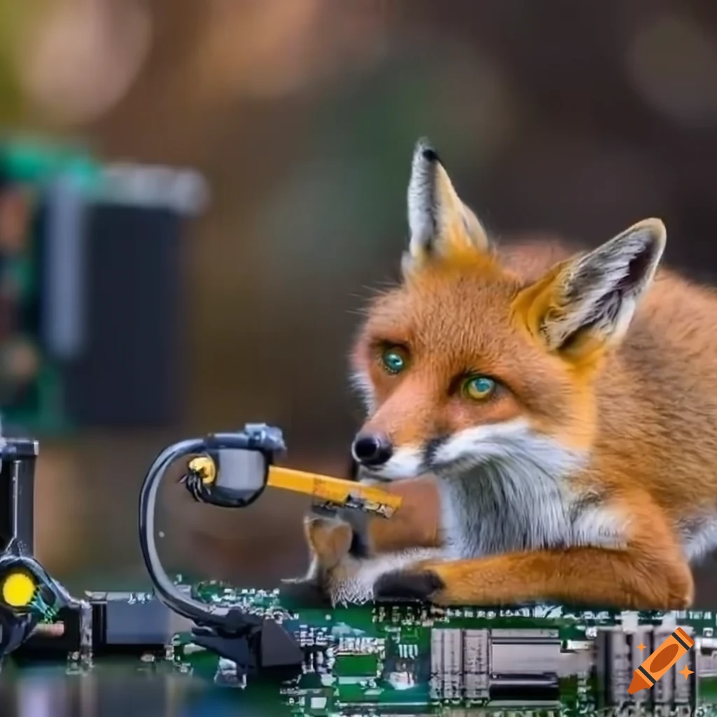 Anthropomorphic fox fixing a motherboard with tools on Craiyon