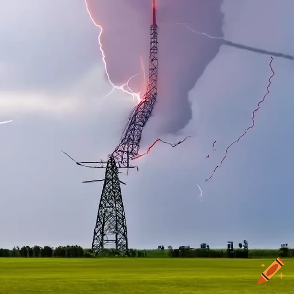 Lightning striking a high voltage transmission line tower on Craiyon
