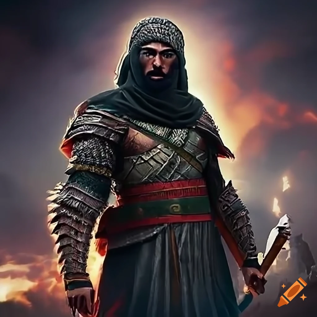 Islamic warrior facing formidable champions on the battlefield on Craiyon