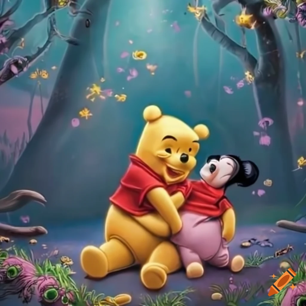 Whimsical scene of winnie the pooh and mickey mouse sharing honey and ...
