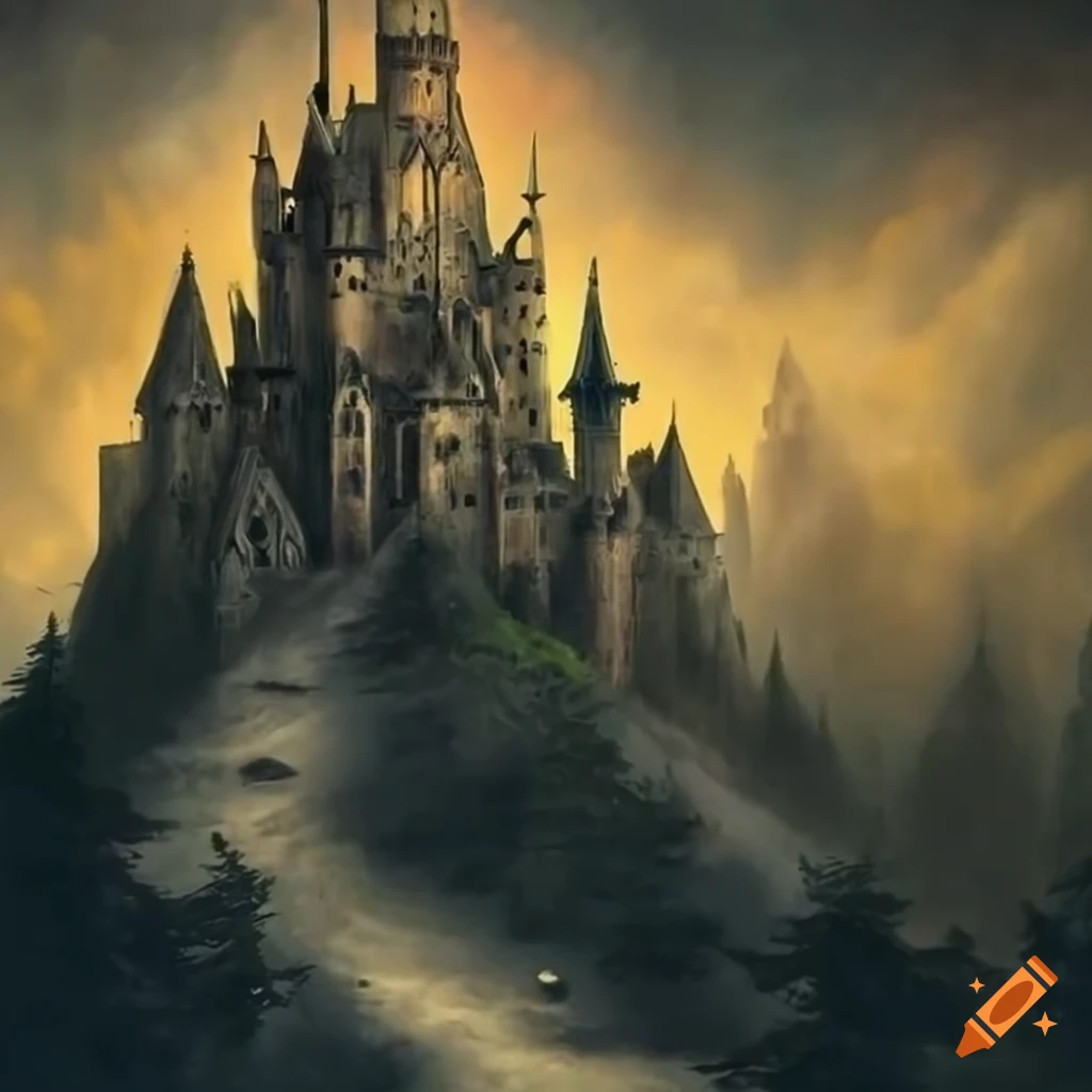Elaborate painting of a gothic fantasy castle on a hill in a spooky ...