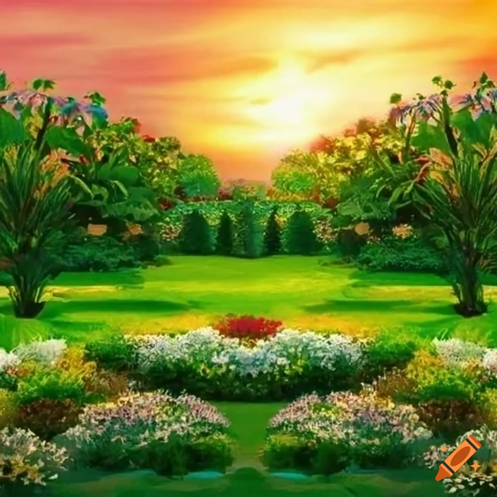 Beautiful garden with flowers and trees during sunset on Craiyon