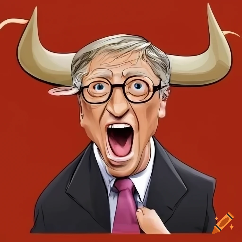 Cartoon of bill gates with bull horns and open mouth on Craiyon