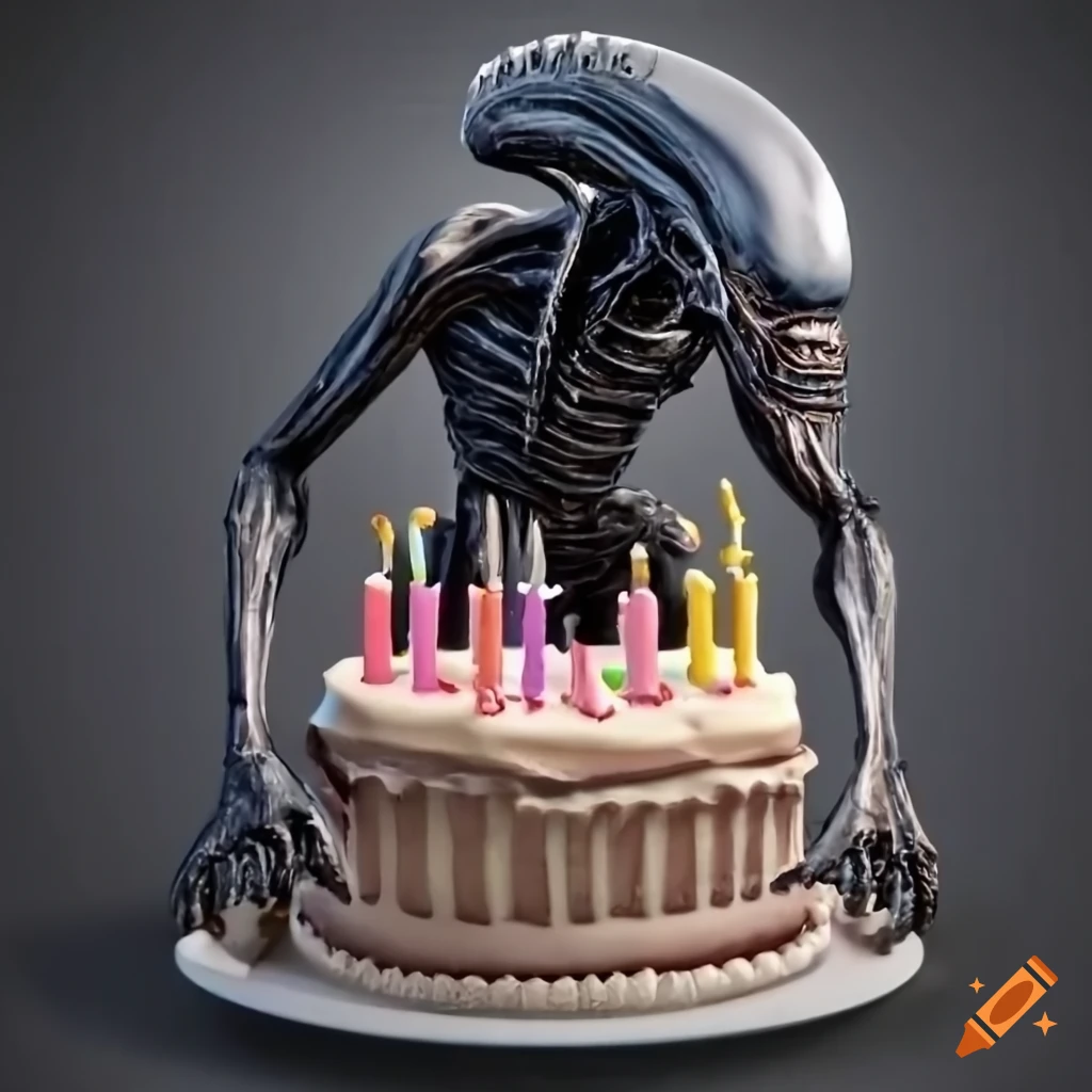 Alien xenomorph with a birthday cake on Craiyon
