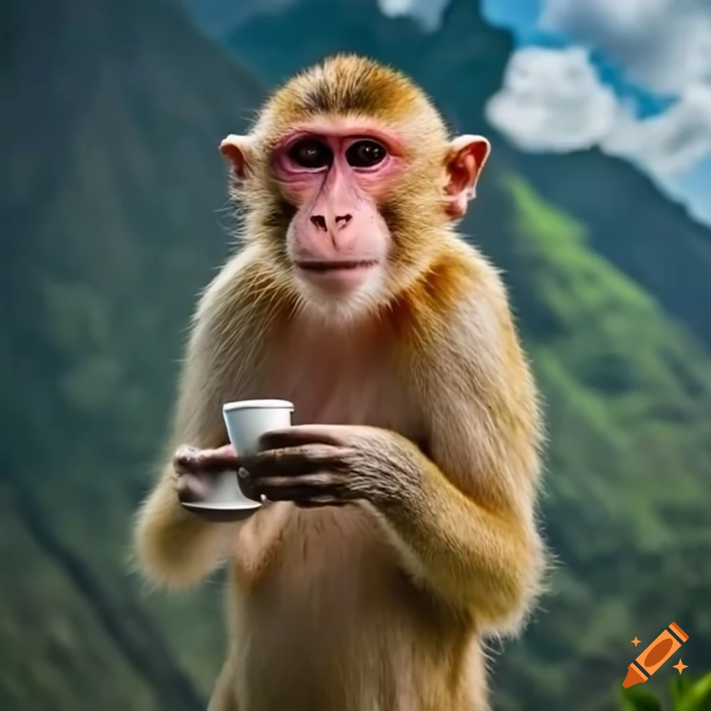 Monkey holding coffee in front of a mountain on Craiyon
