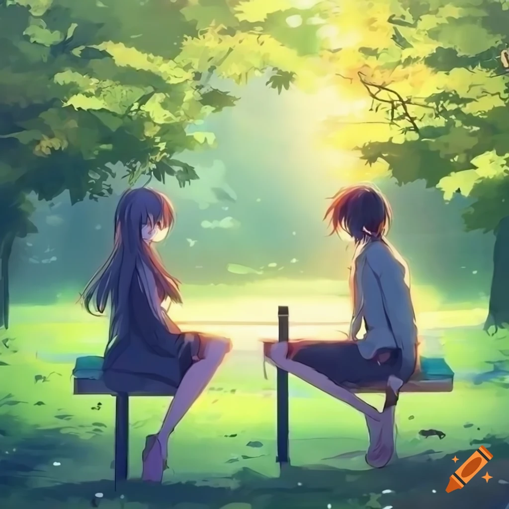 Anime artwork of young lovers in a quiet park moment on Craiyon