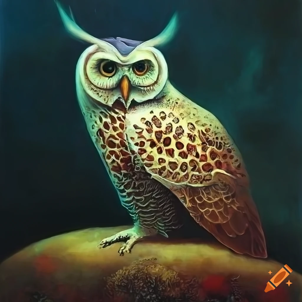 Surreal painting of a haunting owl by zdzisław beksiński on Craiyon
