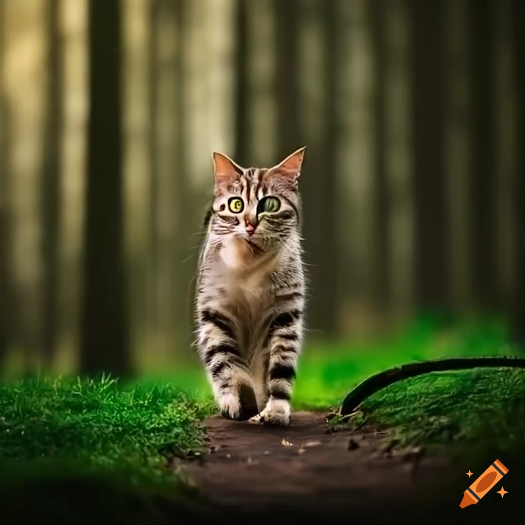 Cat walking through a dense forest on Craiyon
