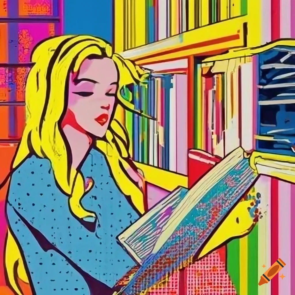 Vibrant pop-art of friends reading books near colorful bookshelves on ...