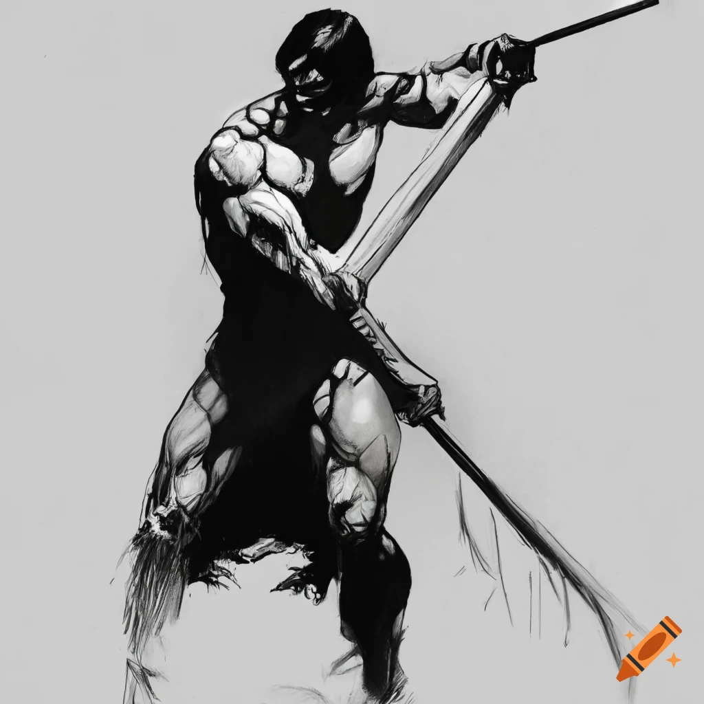 Muscular man with two swords in dynamic fighting pose, inspired by ...