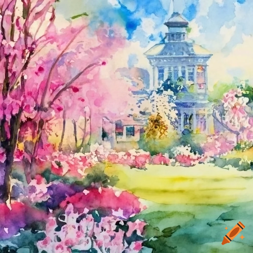Victorian era garden in spring painted with watercolors on Craiyon