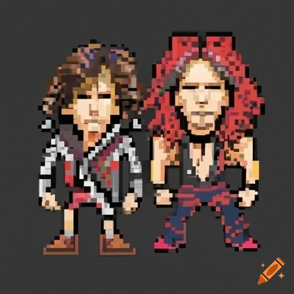 Pixel art illustration of iconic rock band Aerosmith on Craiyon