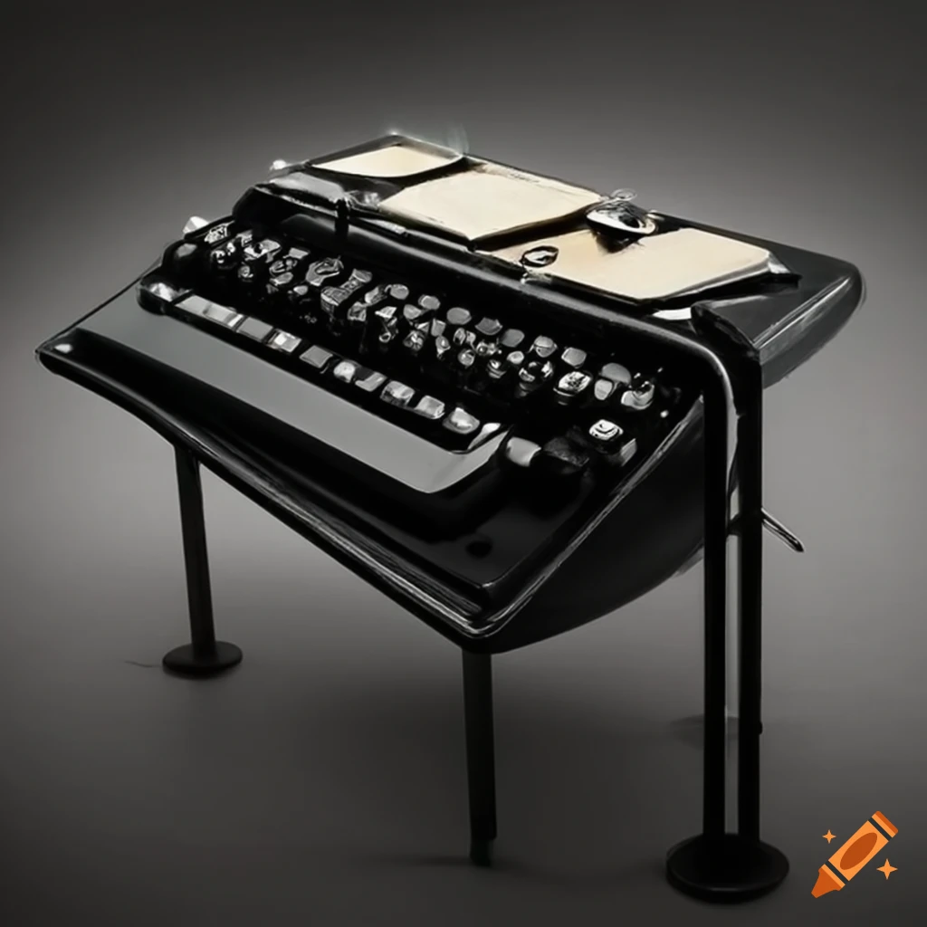 Wooden table with a vintage typewriter keyboard and metal design on ...