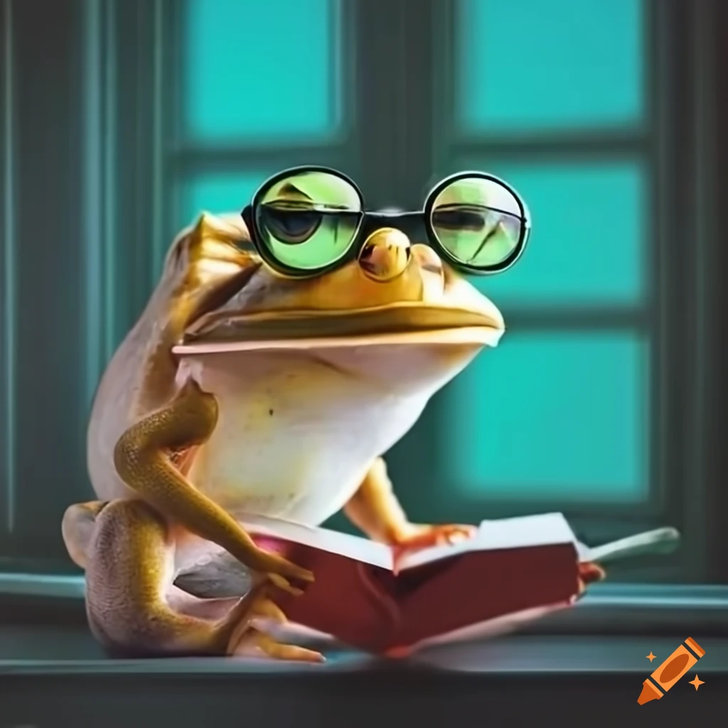 Nerdy frog wearing glasses reading a book on a window ledge on Craiyon