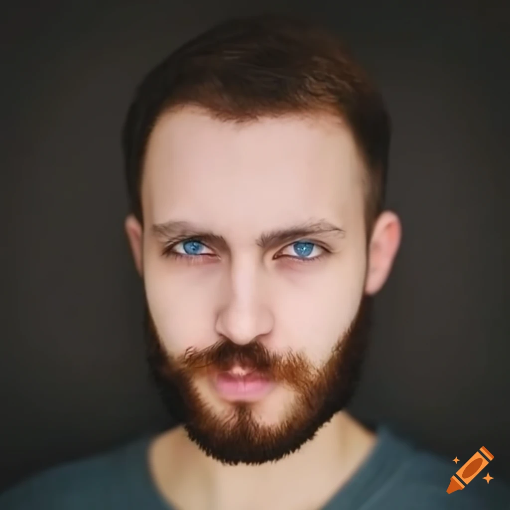 Portrait of a 30-year-old software engineer with blue eyes and reddish ...