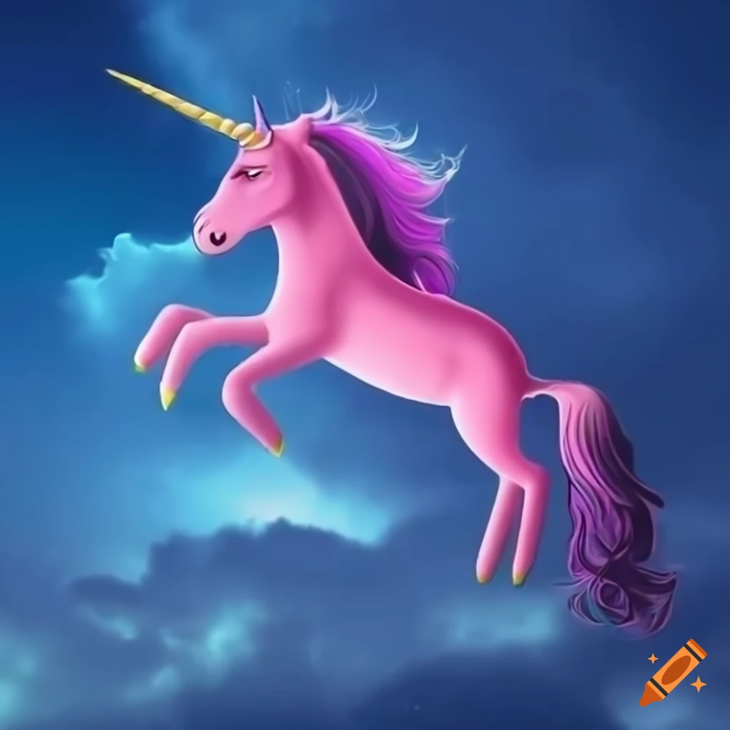 Pink unicorn on a cloud with falling bitcoins and bitcoin logo on Craiyon