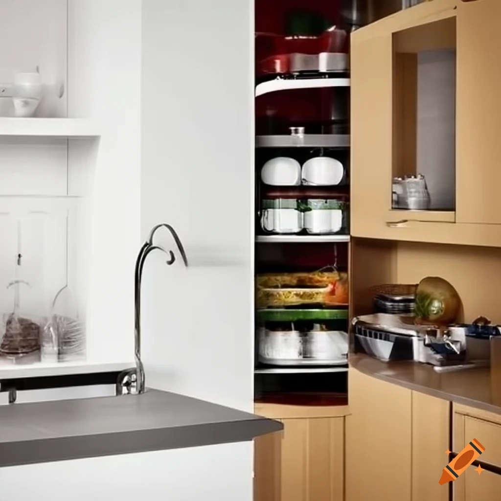 Modern kitchen with bottle pull out and pantry unit on Craiyon