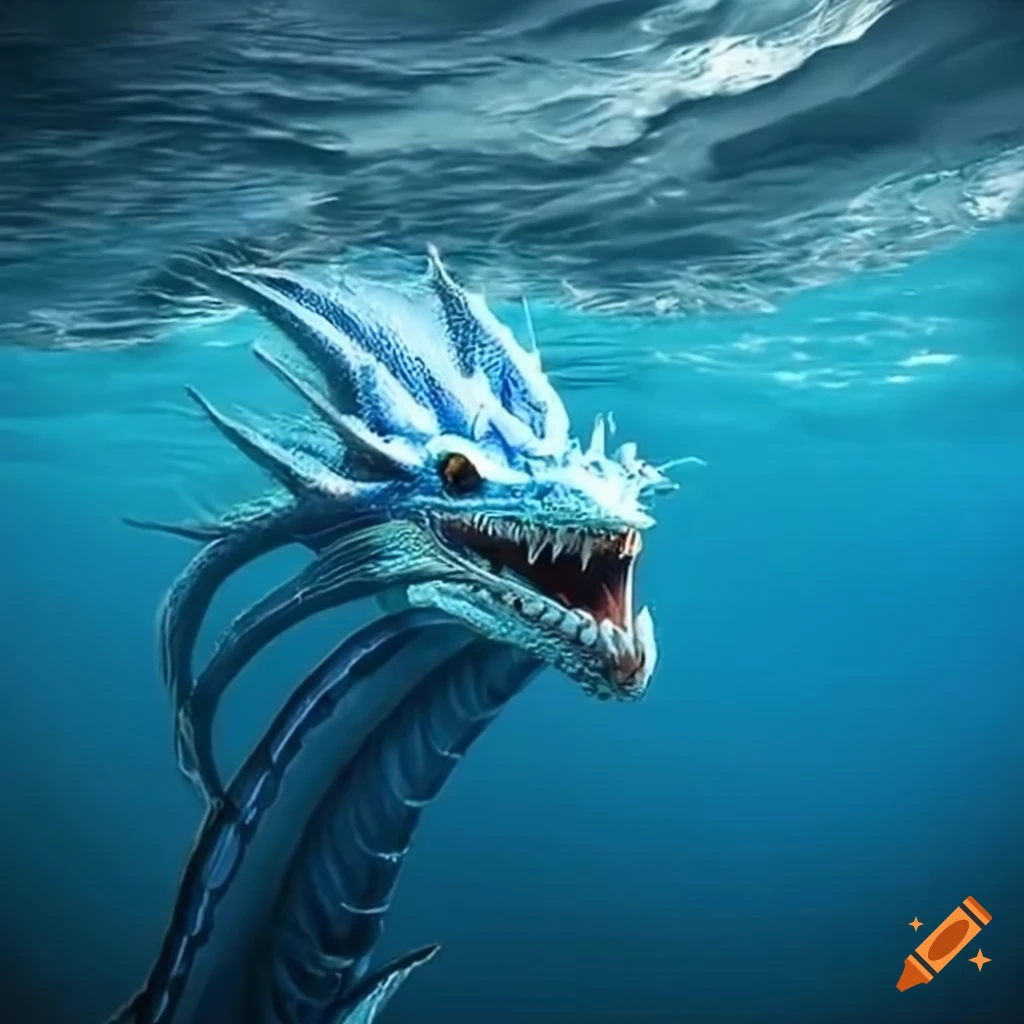 Blue dragon flying over the ocean breathing water on Craiyon