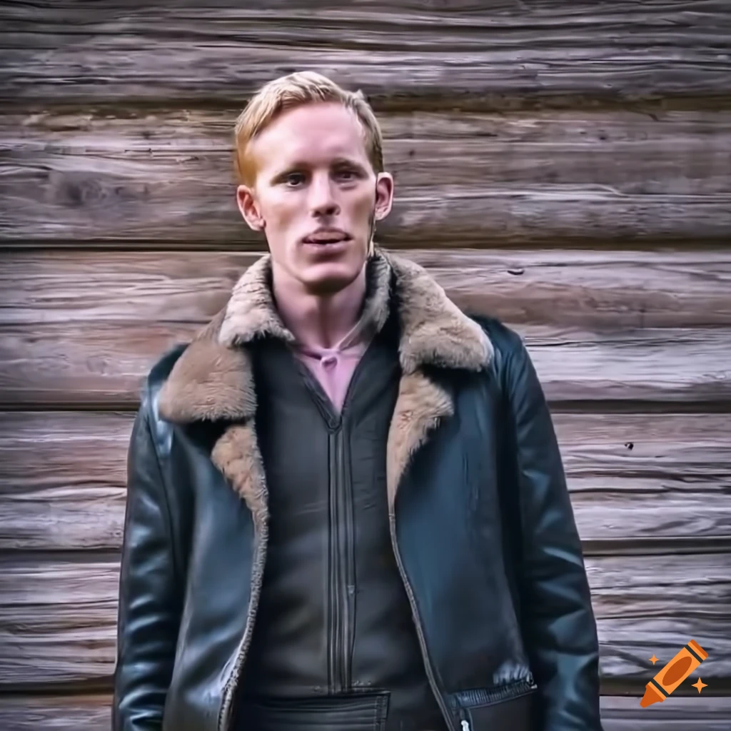 Blonde actor in black sheepskin bomber jacket and leather trousers on ...