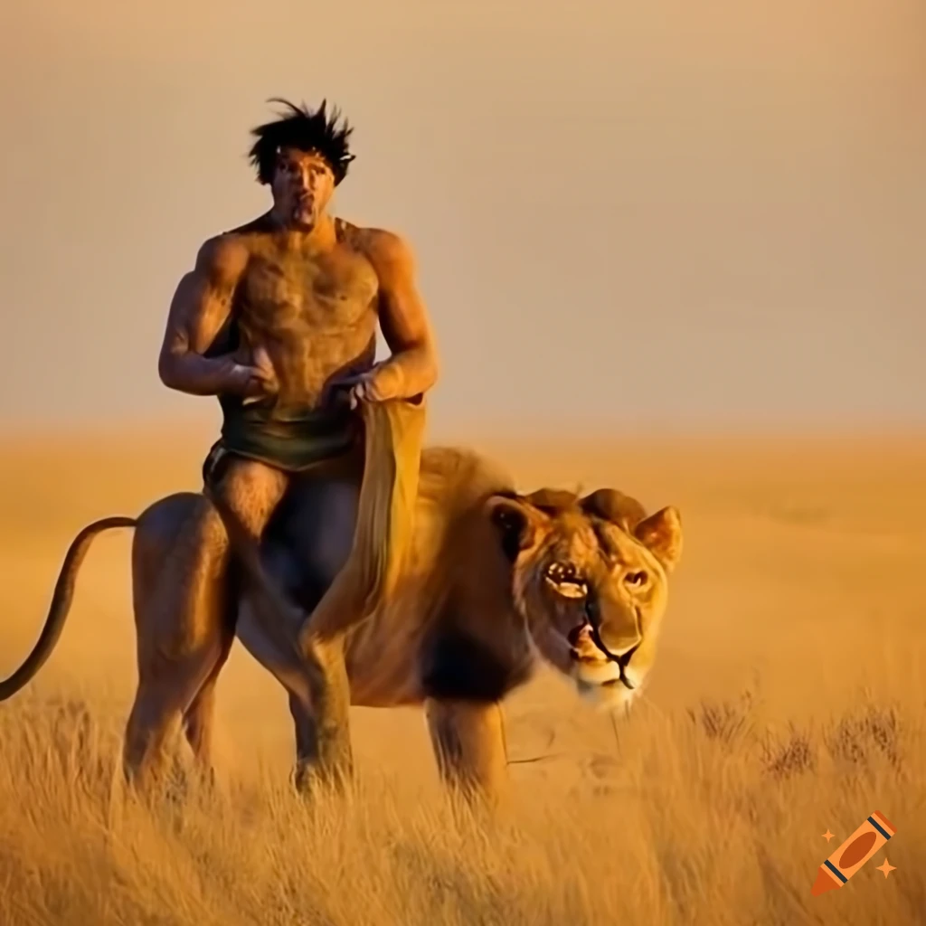 Brave man riding a lion in open savanna grasslands on Craiyon
