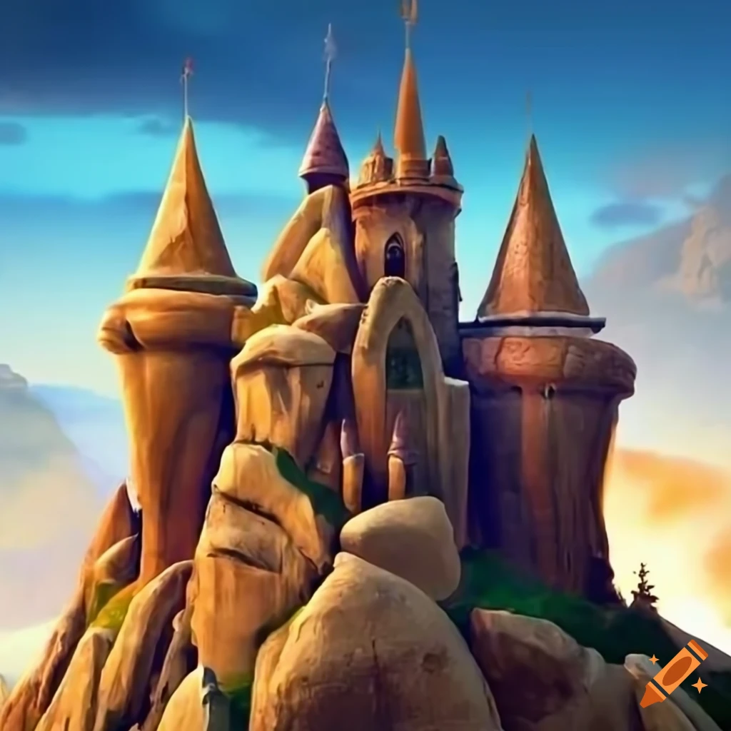 Castle made of rocks and boulders on a peak with a tall tower, Disney ...