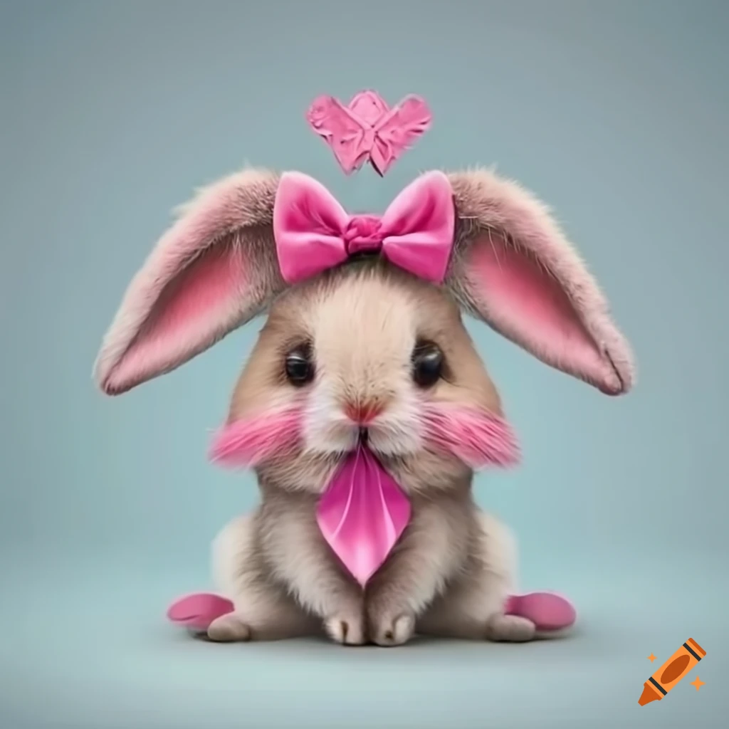 Adorable bunny with neat fur wearing a pink bow accessory on Craiyon