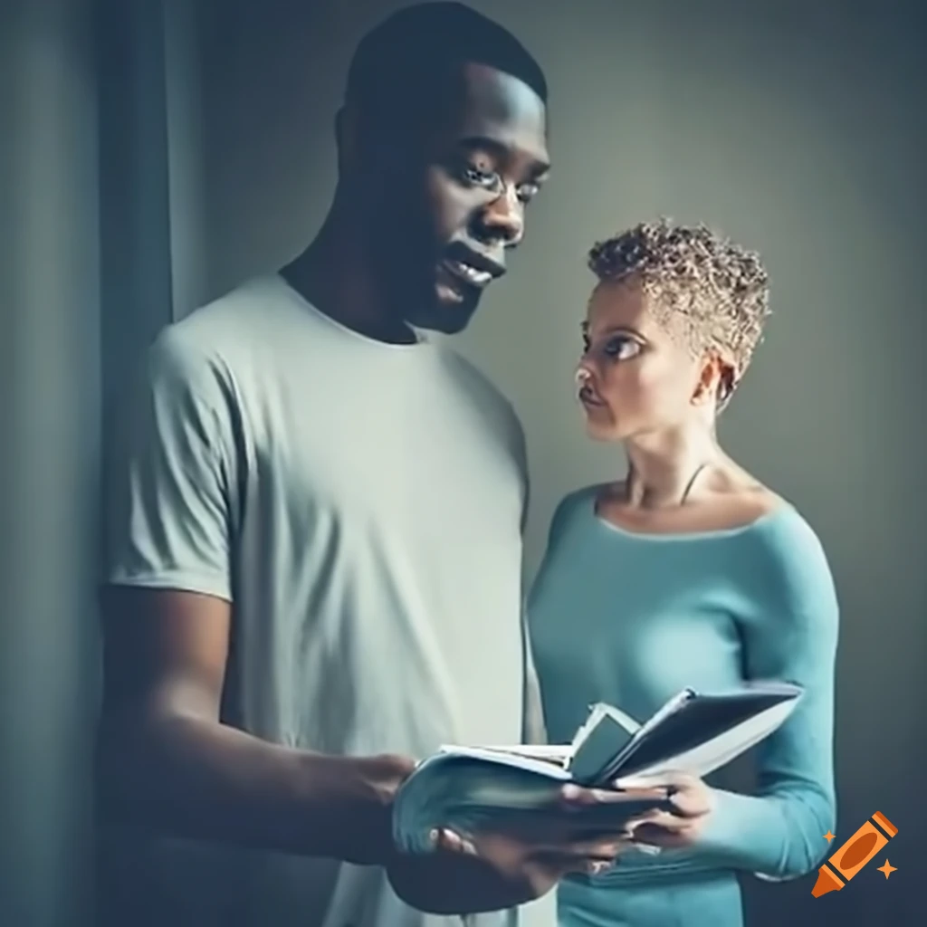 A woman and a man talking inside a house, man takes notes on Craiyon