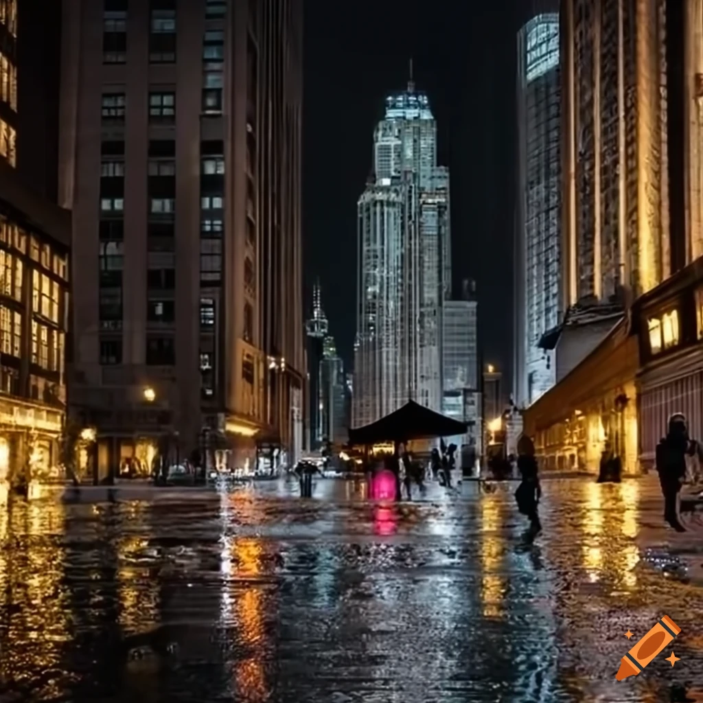 Downtown chicago in extreme rain with people seeking cover on Craiyon