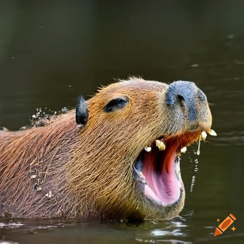 Capybara smiling while swimming among crocodiles on Craiyon